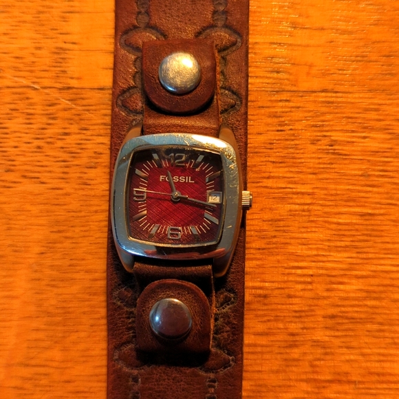 Fossil | Accessories | Fossil Watch Brown Leather Band Red Watch Face ...